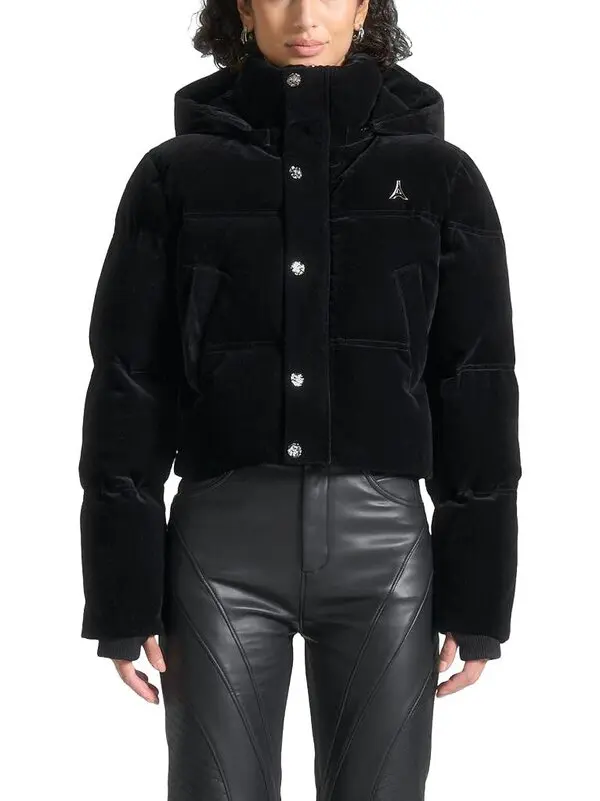 Manière De Voir Maeva Velvet Cropped Puffer Jacket - Black