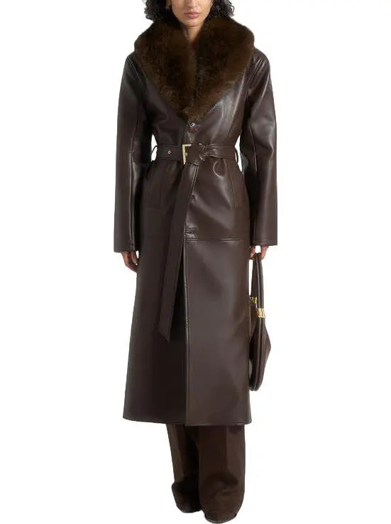 Manière De Voir Cenya Fur Collar Belted Leather Coat - Brown