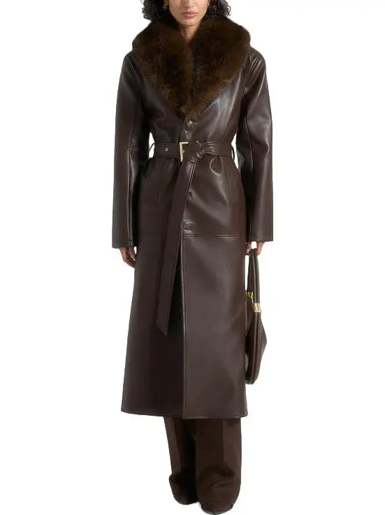 Manière De Voir Cenya Fur Collar Belted Leather Coat - Brown