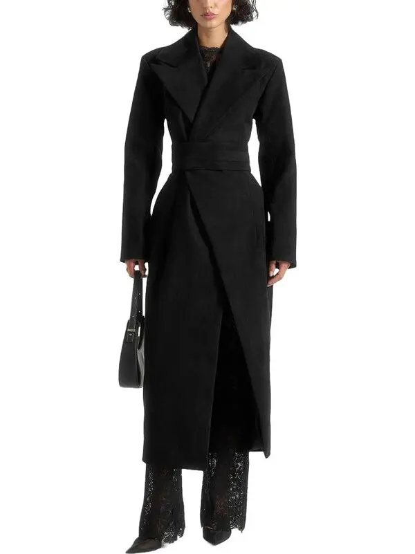 Manière De Voir Asymmetric Suede Coat With Detachable Belt - Black