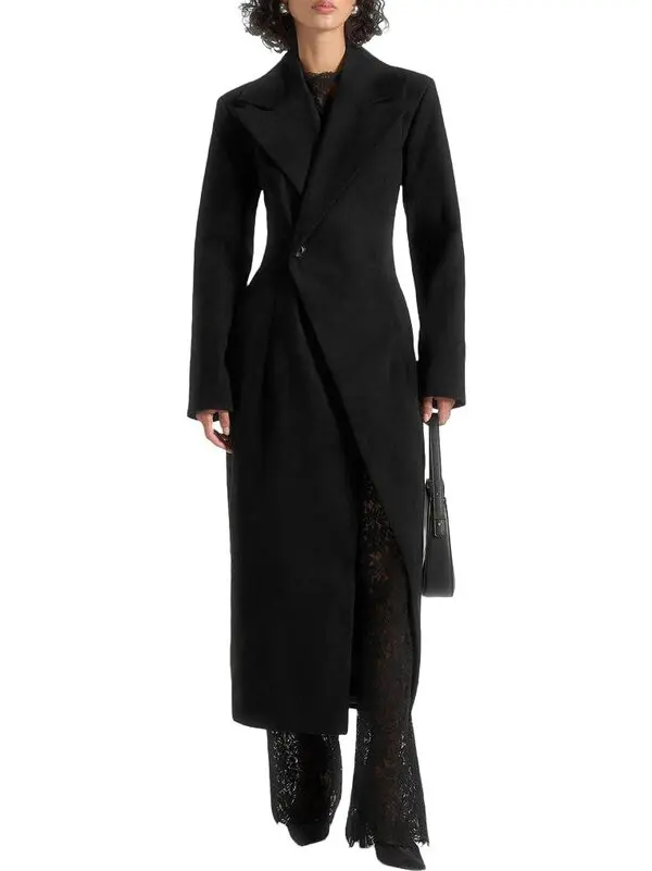 Manière De Voir Asymmetric Suede Coat With Detachable Belt - Black