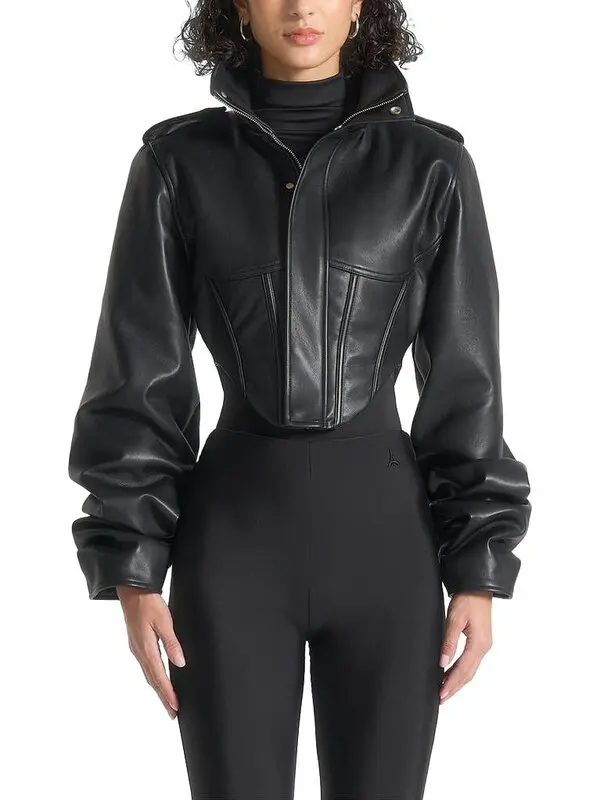 Manière De Voir Tacked Sleeve Vegan Leather Corset Jacket - Black