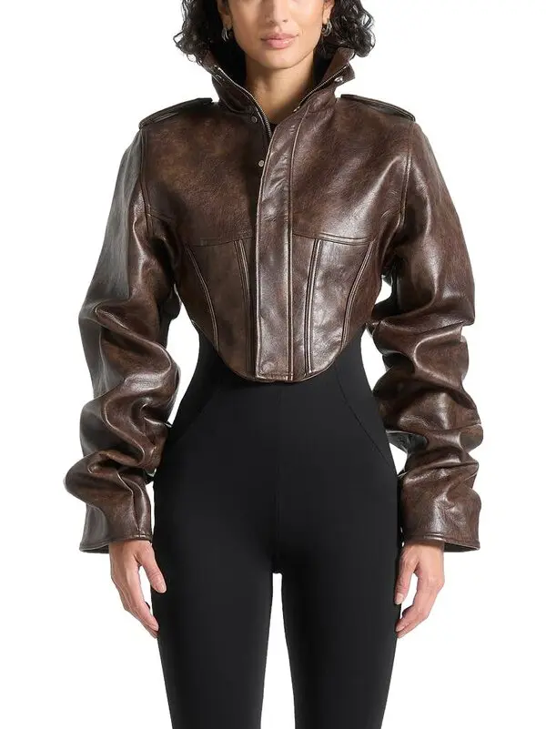 Manière De Voir Tacked Sleeve Vegan Leather Corset Jacket - Brown