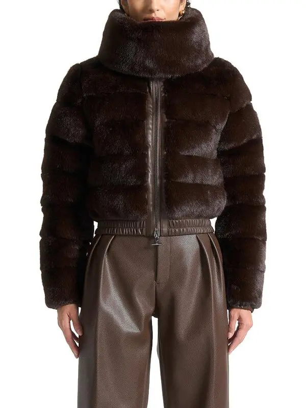 Manière De Voir Plush Ribbed Puffer Jacket With Detachable Scarf - Brown