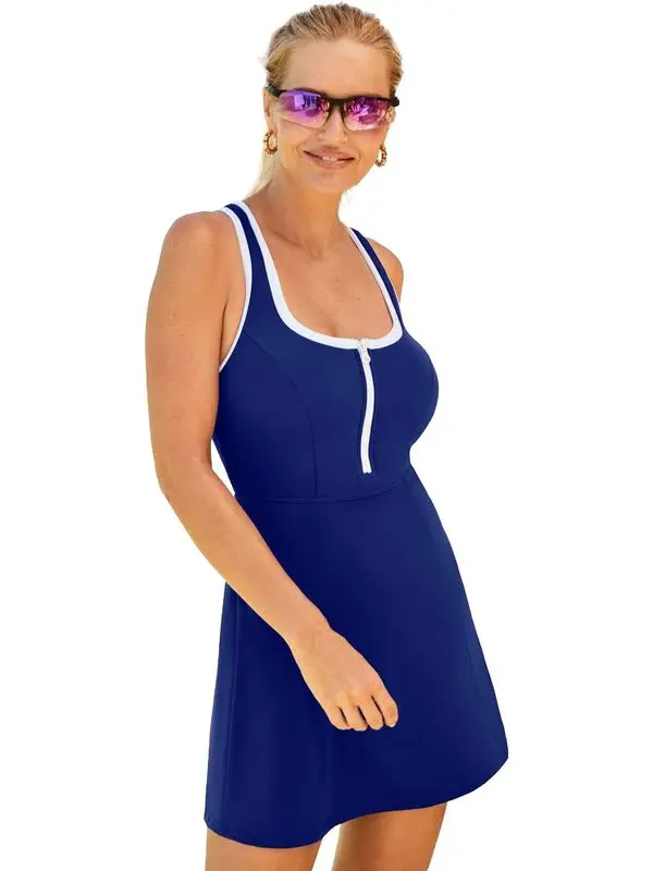 SWIMSUITS FOR ALL Zip-front Swimdress With Contrast Trim - Deep Sea
