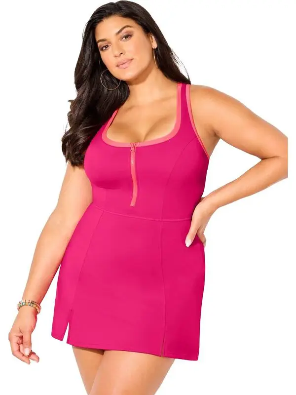 SWIMSUITS FOR ALL Zip-front Swimdress With Contrast Trim - Rose