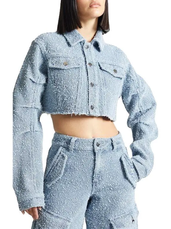 Manière De Voir Catherine Cropped Boucle Denim Jacket - Mid Blue