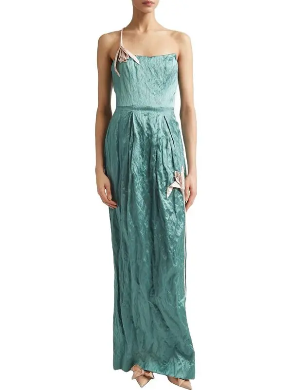 Erdem Tulip Appliqué Strapless Crinkled Metallic Evening Gown - Eau De Nil