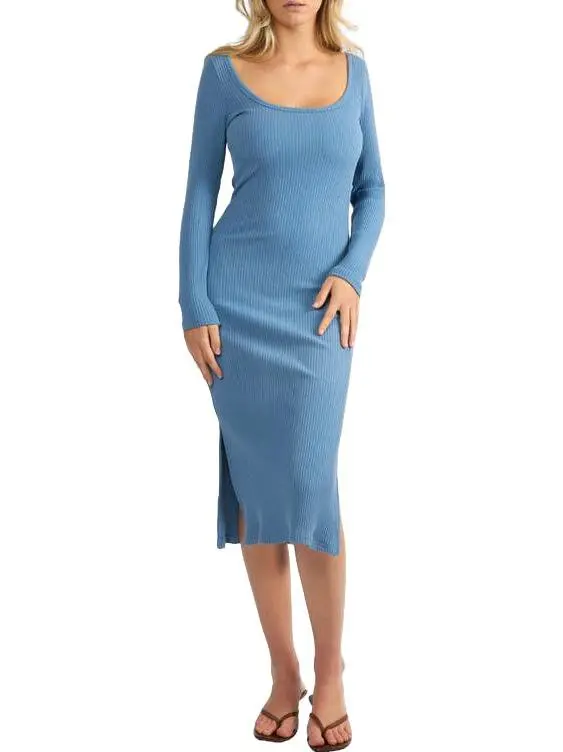 VIENS AVEC MOI Long Sleeve Ribbed Sweater Dress - Blue