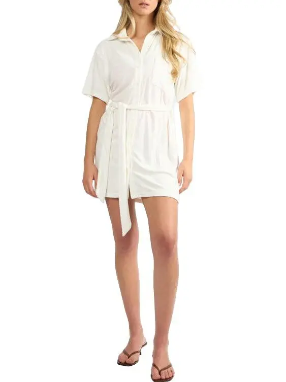 VIENS AVEC MOI Coastal French Terry Mini Shirt Dress - White