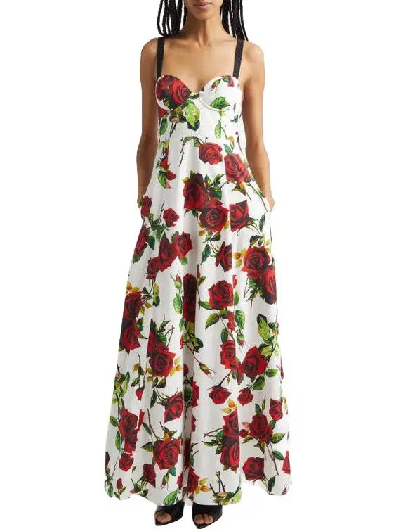 L'Agence Sutton Floral Print Maxi Dress - White/red Romantic Rose