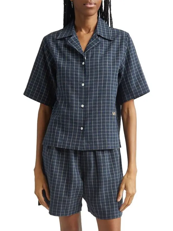 WALES BONNER London Windowpane Check Stretch Linen Bowling Shirt - Navy/ivory/rust