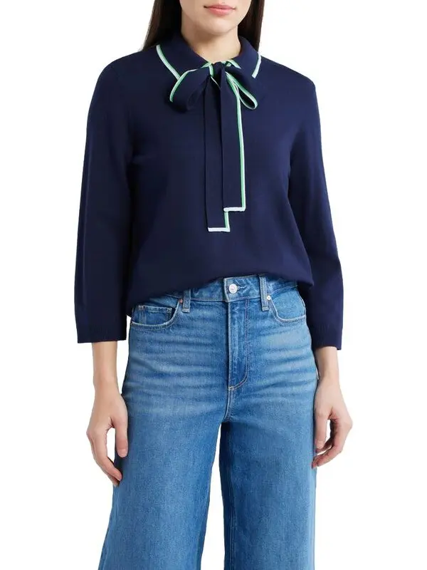 Wit & Wisdom Tipped Bow Sweater - Navy/retro Green Multi