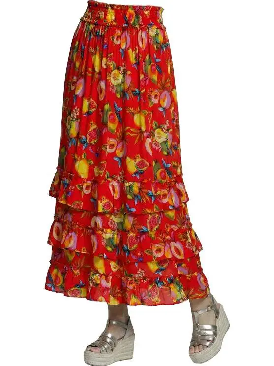 APNY Tiered Pull-on Midi Skirt - Red Multi