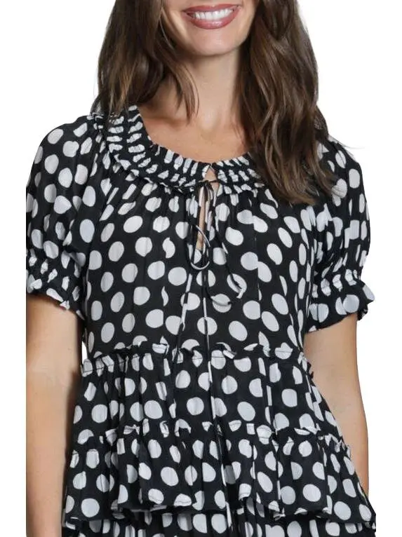 APNY Tiered Ruched Tie Neck Top - Blackwhite