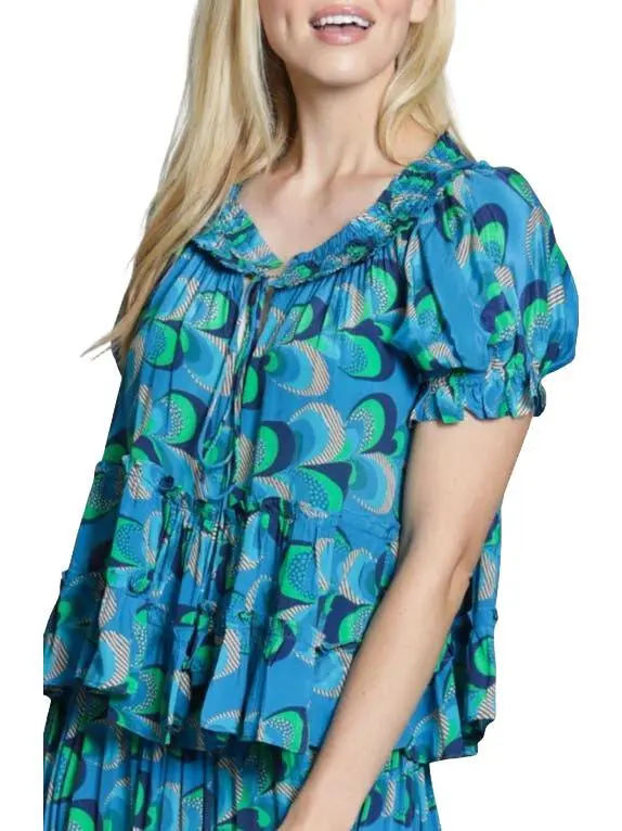 APNY Tiered Ruched Tie Neck Top - Blue Lagoon