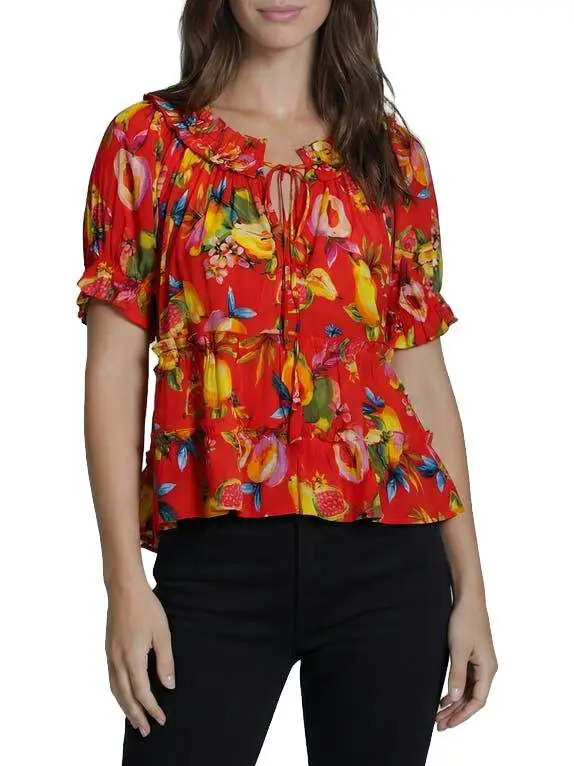 APNY Tiered Ruched Tie Neck Top - Red Multi