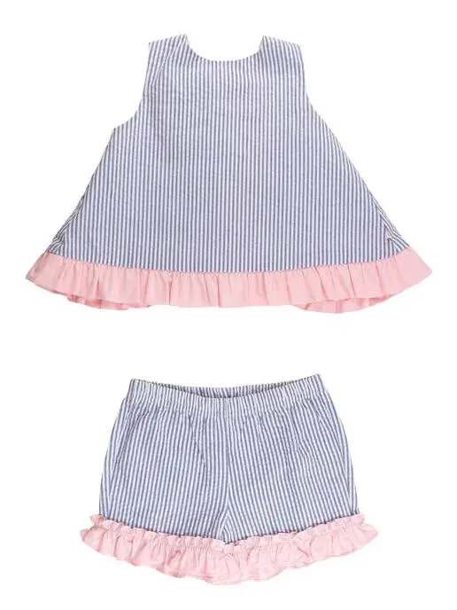 RUFFLEBUTTS Seersucker Ruffle Swing Top And Short Set - Classic Blue Seersucker