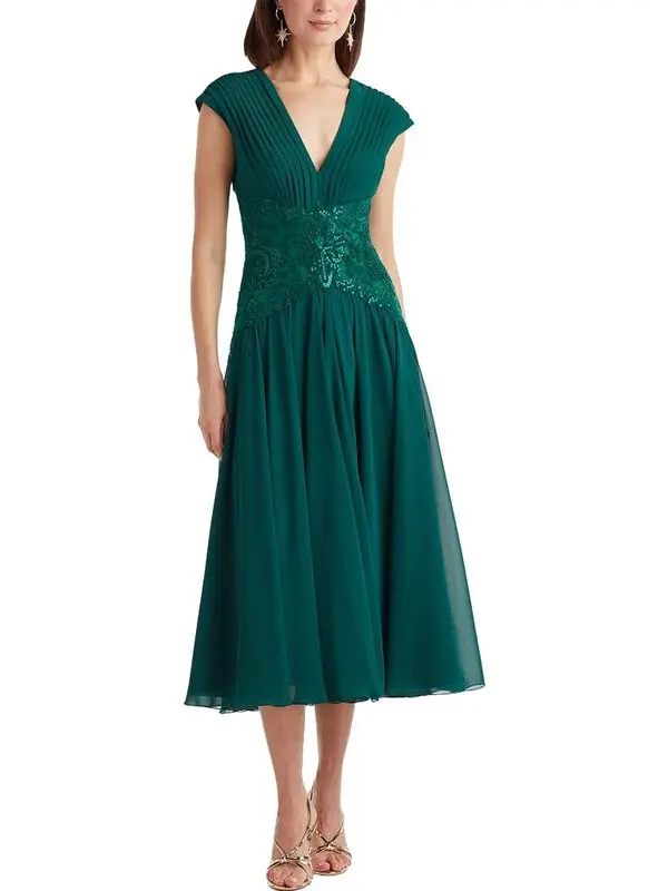 Tadashi Shoji Sequin Pleated Chiffon Midi Dress - Elm