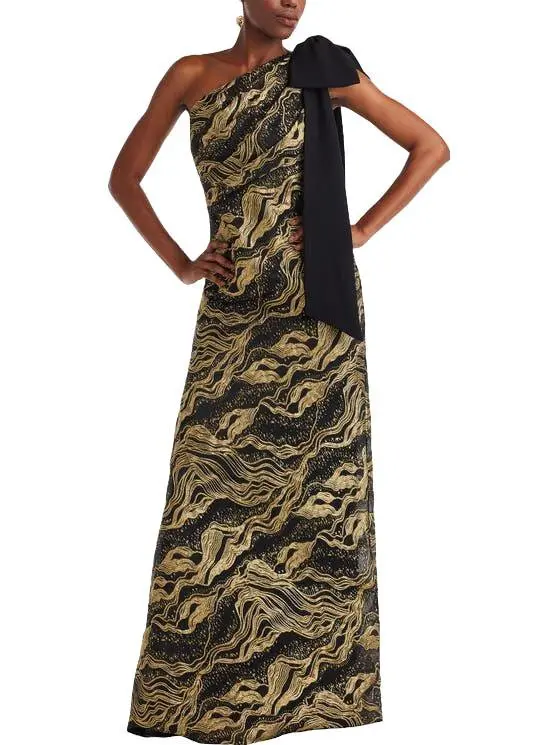 Tadashi Shoji Metallic Jacquard One-shoulder Gown - Gold/black