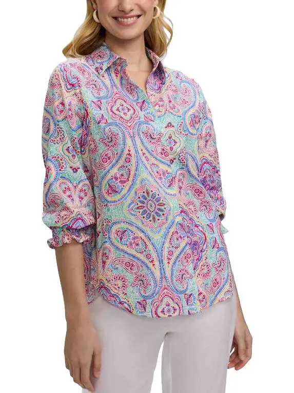 Foxcroft Paisley Linen Blend Button-up Shirt - Green/multi
