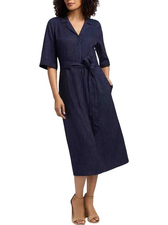 Foxcroft Aniston Stripe Linen Blend Shirtdress - Navy Blue/white