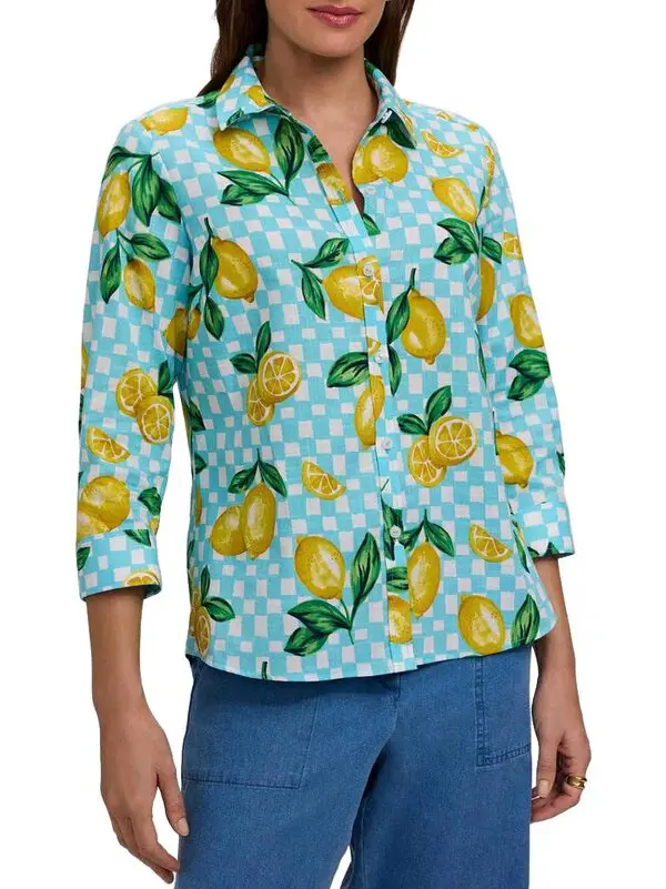 Foxcroft Hampton Lemon Linen Blend Shirt - Blue Multi