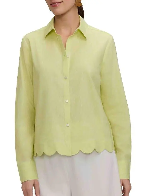 Foxcroft Scarlett Scallop Hem Linen Blend Button-up Shirt - Limoncello Yellow
