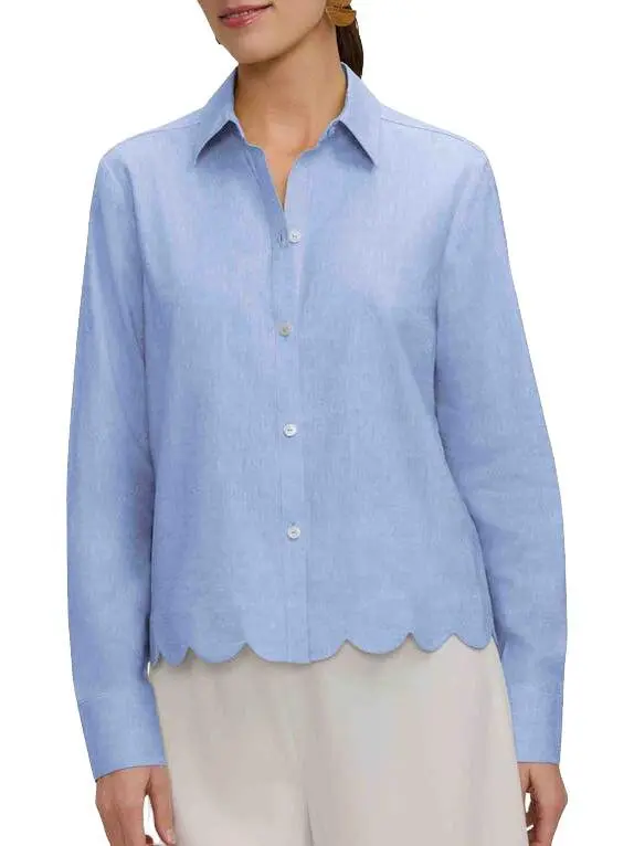 Foxcroft Scarlett Scallop Hem Linen Blend Button-up Shirt - Powder Blue