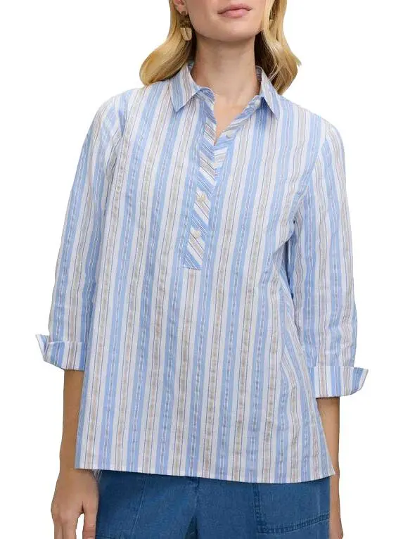 Foxcroft Therese Stripe Button Back Popover Shirt - Blue/multi