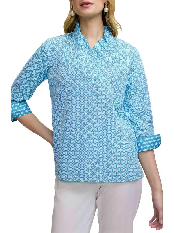Foxcroft Printed Ruffle Collar Top - Blue/white