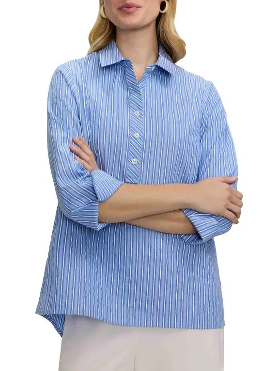 Foxcroft Striped Cotton Seersucker Popover Shirt - Blue/multi
