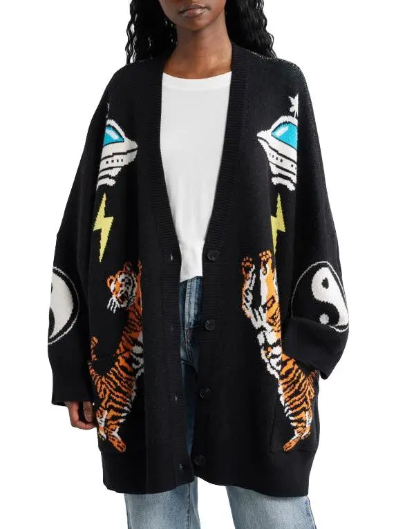 DRESSED IN LALA Oversized Animal Print Cardigan - Black
