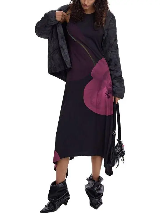 Desigual Print Asymmetric Hem Midi Dress - Black