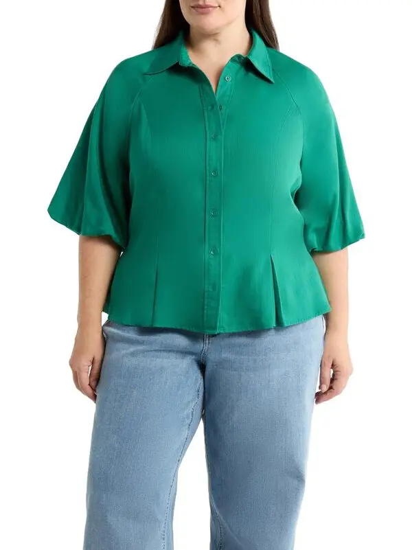 Wit & Wisdom Bubble Sleeve Button-up Chambray Top - Lake Green