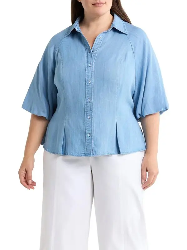 Wit & Wisdom Bubble Sleeve Button-up Chambray Top - Light Blue