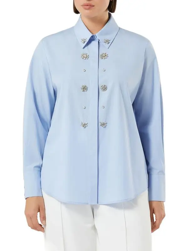 Marina Rinaldi Embellished Cotton Button-up Shirt - Sky Blue