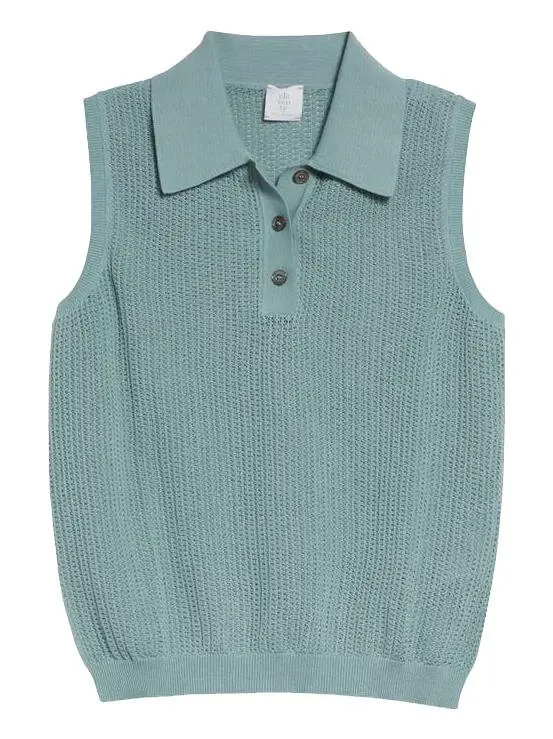 Eleventy Sleeveless Open Stitch Polo - Jade