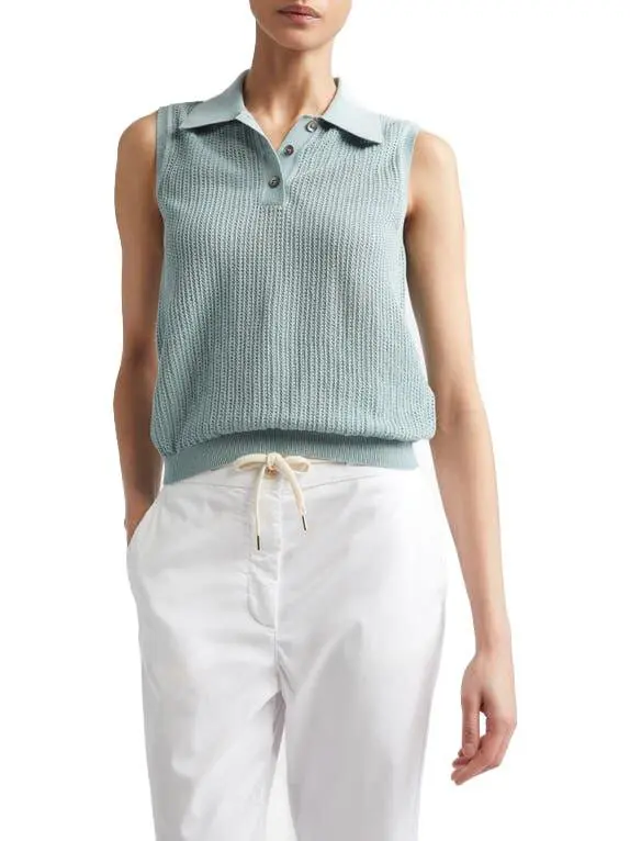 Eleventy Sleeveless Open Stitch Polo - Jade