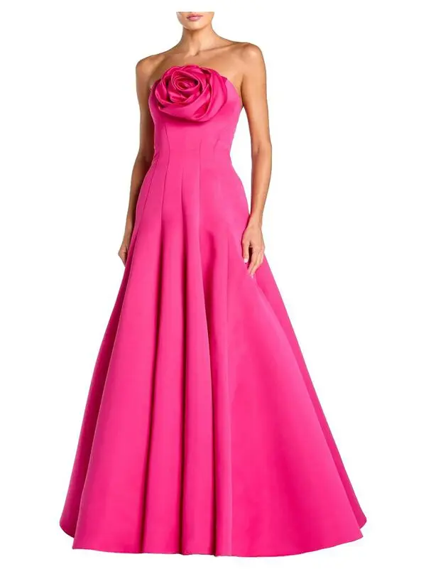 Mac Duggal Strapless Satin Ballgown With 3d Floral Detail - Fuchsia