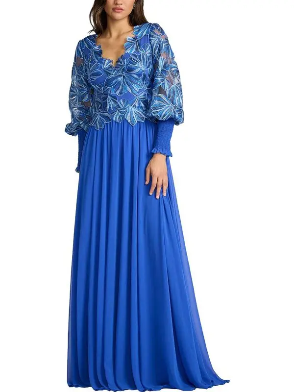 Tadashi Shoji Embroidered Bodice Long Sleeve Gown - Blue Lagoon