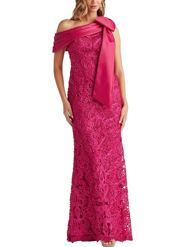 Tadashi Shoji Bow Detail Soutache Lace One-shoulder Gown - Hibiscus