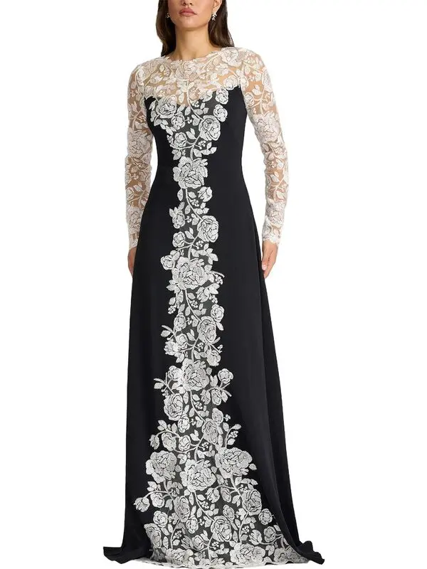 Tadashi Shoji Lace Detail Long Sleeve Crepe Gown - Ivory/black