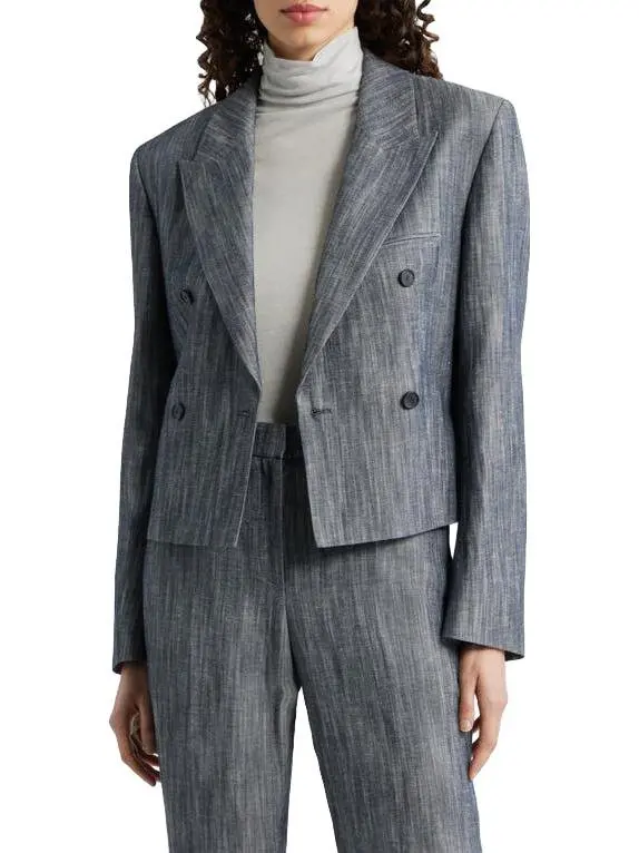 BOSS Jelsia Belted Sharkskin Twill Double Breasted Crop Blazer - Charcoal Sharkskin