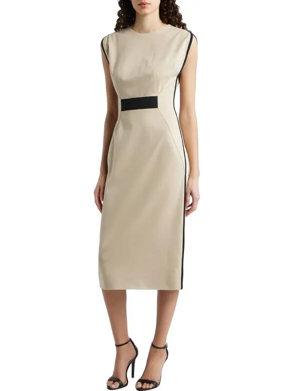 BOSS Detira Grosgrain Waist Detail Sheath Midi Dress - Pumice