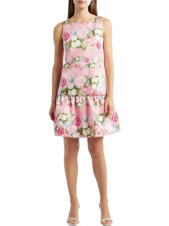 Anne Klein Floral Ruffle Hem Sleeveless Dress - Carnation Pink Multi