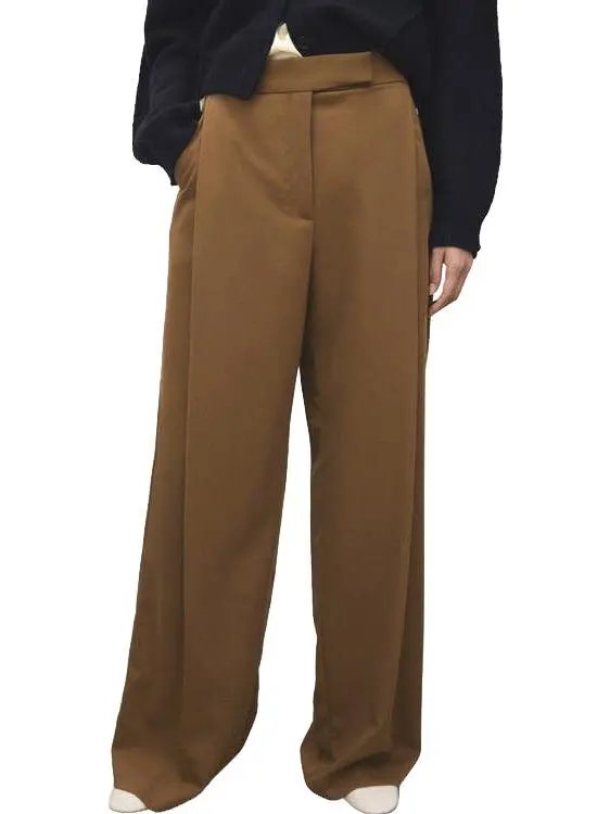 Mango Pleated Wide Leg Trousers - Medium Brown