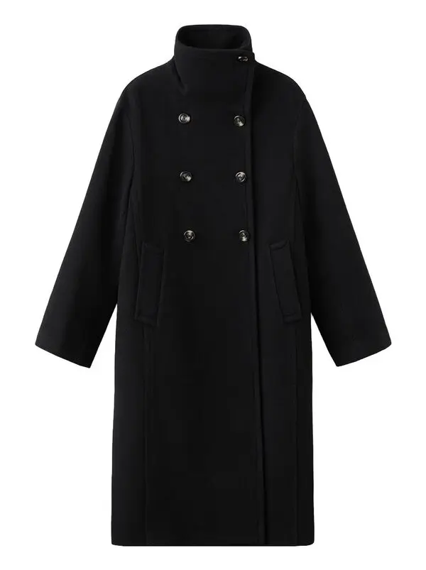 Mango Double Breasted Stand Collar Coat - Black