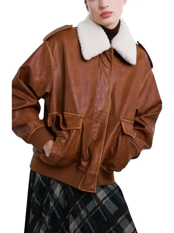 Mango Faux Leather Jacket With Removable Faux Shearling Collar - Brown