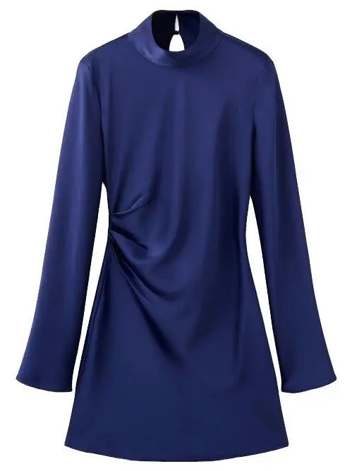 Mango Pleated Long-sleeve Satin Dress - Indigo Blue